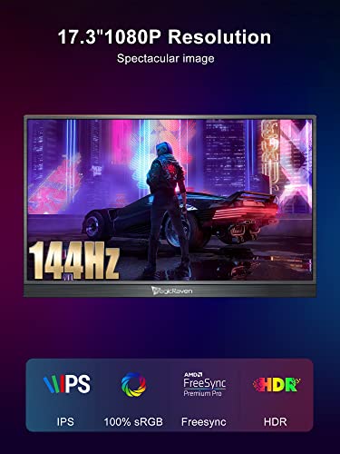 144HZ Portable Gaming Monitor, 17.3" 1080P Laptop Monitor, Dual USB C HDMI Second Computer Screen, VESA Gaming Display with Speakers, Travel Monitor for PS4/5 Xbox Switch MAC PC Phone