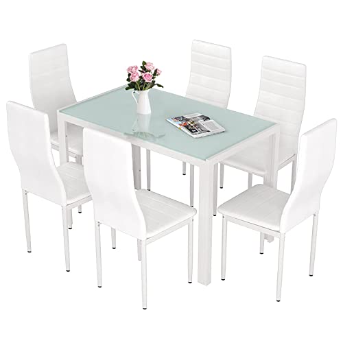 AOOU 5/7pieces Kitchen Table Set, Modern Dining Table Set W/Glass-Top Table and 4/6 Leather Upholstered Chairs for Dining Room, Kitchen, Dinette, Breakfast Nook (White, Dinning Table with 6 Chairs)