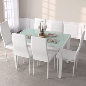 AOOU 5/7pieces Kitchen Table Set, Modern Dining Table Set W/Glass-Top Table and 4/6 Leather Upholstered Chairs for Dining Room, Kitchen, Dinette, Breakfast Nook (White, Dinning Table with 6 Chairs)