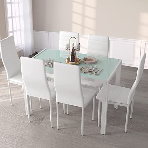 AOOU 5/7pieces Kitchen Table Set, Modern Dining Table Set W/Glass-Top Table and 4/6 Leather Upholstered Chairs for Dining Room, Kitchen, Dinette, Breakfast Nook (White, Dinning Table with 6 Chairs)