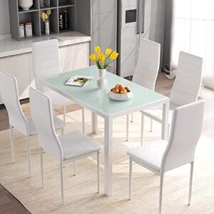 AOOU 5/7pieces Kitchen Table Set, Modern Dining Table Set W/Glass-Top Table and 4/6 Leather Upholstered Chairs for Dining Room, Kitchen, Dinette, Breakfast Nook (White, Dinning Table with 6 Chairs)