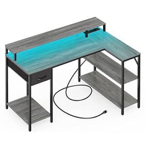 superjare l shaped gaming desk with led lights & power outlets, reversible computer desk with shelves & drawer, corner desk home office desk, gray