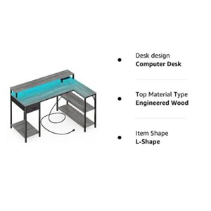 SUPERJARE L Shaped Gaming Desk with LED Lights & Power Outlets, Reversible Computer Desk with Shelves & Drawer, Corner Desk Home Office Desk, Gray