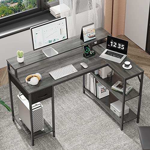 SUPERJARE L Shaped Gaming Desk with LED Lights & Power Outlets, Reversible Computer Desk with Shelves & Drawer, Corner Desk Home Office Desk, Gray