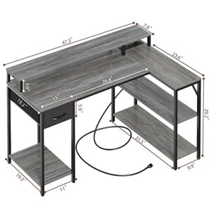 SUPERJARE L Shaped Gaming Desk with LED Lights & Power Outlets, Reversible Computer Desk with Shelves & Drawer, Corner Desk Home Office Desk, Gray