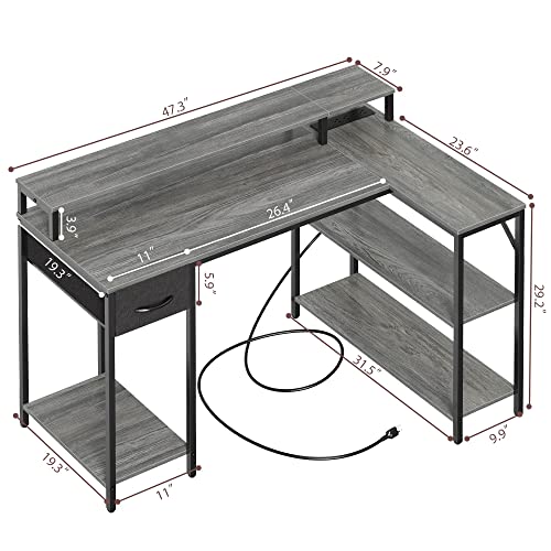 SUPERJARE L Shaped Gaming Desk with LED Lights & Power Outlets, Reversible Computer Desk with Shelves & Drawer, Corner Desk Home Office Desk, Gray