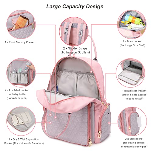 Homfu Diaper Bag Backpack Mommy Hospital Baby Bags For Boys Girl Travel Backpacks Mom Grey Dad Diaper Bag Tote Baby Registery (Pink)