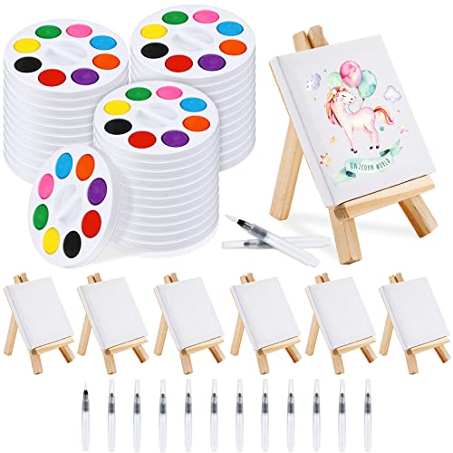 Watercolor Paint Sets 8 Colors Watercolor with 3 x 3 Inch Painting Canvas Panel with Mini Wooden Easel Set Stretched Canvas Display Easel Painting Brush Kit with Paint Brush for Kids (24 Sets)