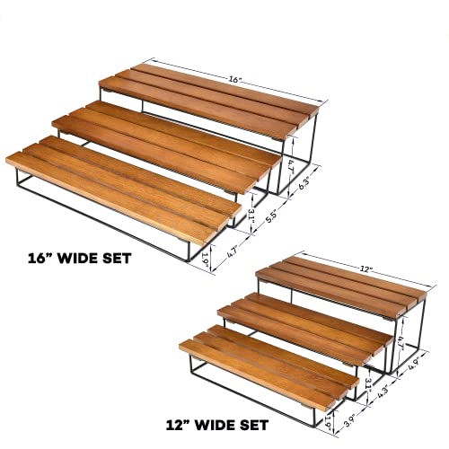 Walnut Wood - Wooden Cupcake Stand 3-Tier Wooden Display Stand with Black Metal Base, Rectangle Tower Display Stands for Vendor Events Walnut Wood (12" Set)