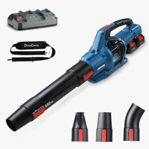 dongcheng leaf blower - 650cfm, 40v cordless leaf blower with 2 4.0ah batteries, advanced brushless motor, shoulder strap. electric leaf blower for lawn care, cleaning yard & road