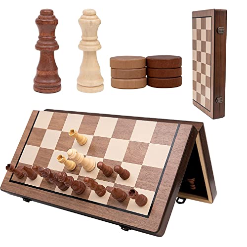 SOLENGMILY 15" Upgraded Large Wooden Magnetic Chess Board Set,Felt Interior with Storage Slots for Pieces,Includes 2 Extra 3" Queens、Chess Book & Carry Bag.Best Beginner Chess Sets for Adults & Kids