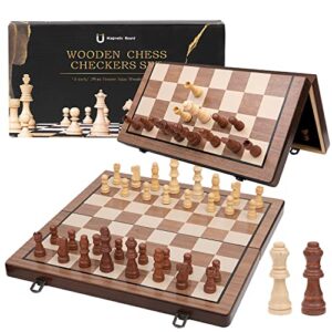 SOLENGMILY 15" Upgraded Large Wooden Magnetic Chess Board Set,Felt Interior with Storage Slots for Pieces,Includes 2 Extra 3" Queens、Chess Book & Carry Bag.Best Beginner Chess Sets for Adults & Kids