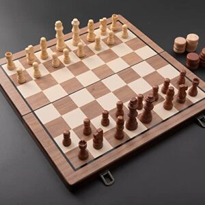 SOLENGMILY 15" Upgraded Large Wooden Magnetic Chess Board Set,Felt Interior with Storage Slots for Pieces,Includes 2 Extra 3" Queens、Chess Book & Carry Bag.Best Beginner Chess Sets for Adults & Kids