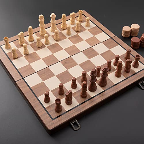 SOLENGMILY 15" Upgraded Large Wooden Magnetic Chess Board Set,Felt Interior with Storage Slots for Pieces,Includes 2 Extra 3" Queens、Chess Book & Carry Bag.Best Beginner Chess Sets for Adults & Kids