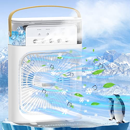 4-IN-1 Portable Air Conditioners Fan, Personal Mini Air Conditioner with 3-Speeds/5 Humidifier Misting Hole/7 Colors Light, USB Handle Evaporative Cooler with Auto Timer for Room Office Travel (ST-02)