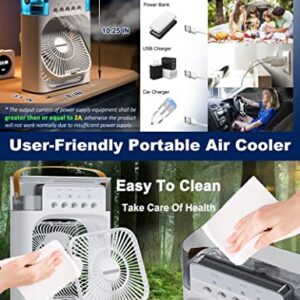 4-IN-1 Portable Air Conditioners Fan, Personal Mini Air Conditioner with 3-Speeds/5 Humidifier Misting Hole/7 Colors Light, USB Handle Evaporative Cooler with Auto Timer for Room Office Travel (ST-02)