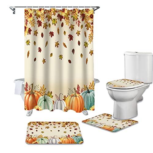 Fall Pumpkin Leaves Bathroom Set with Shower Curtain and Rug Accessories -36x72 Inches Long Stall Curtain with Large Bath Mat,Bathtub Floor Runner Rug Set,Hooks Autumn Thanksgiving Sunflower Holiday