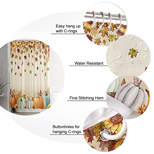 Fall Pumpkin Leaves Bathroom Set with Shower Curtain and Rug Accessories -36x72 Inches Long Stall Curtain with Large Bath Mat,Bathtub Floor Runner Rug Set,Hooks Autumn Thanksgiving Sunflower Holiday