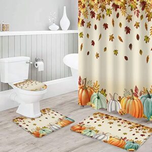 Fall Pumpkin Leaves Bathroom Set with Shower Curtain and Rug Accessories -36x72 Inches Long Stall Curtain with Large Bath Mat,Bathtub Floor Runner Rug Set,Hooks Autumn Thanksgiving Sunflower Holiday