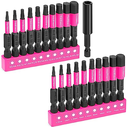 ThinkLearn Pink Hex Head Allen Wrench Drill Bit Set 20pcs (Metric&SAE), 1/4” Hex-Shank S2 Steel Hex Bits Set with Quick-Change Adapter, Perfect for Home DIY-Gift for Women, Magnetic Tips