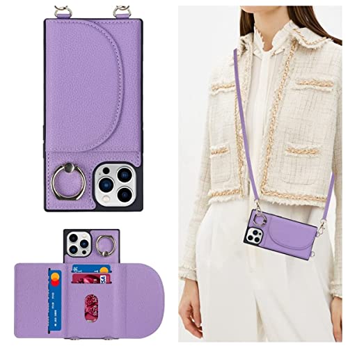 Lipvina for iPhone 13 Pro Max & iPhone 12 Pro Max Crossbody Wallet Case with Credit Card Holder,Lanyard Strap,360°Rotating Ring Kickstand,Flip PU Leather Girl's Phone Casas for Women Lady(Purple)