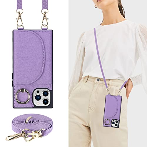 Lipvina for iPhone 13 Pro Max & iPhone 12 Pro Max Crossbody Wallet Case with Credit Card Holder,Lanyard Strap,360°Rotating Ring Kickstand,Flip PU Leather Girl's Phone Casas for Women Lady(Purple)