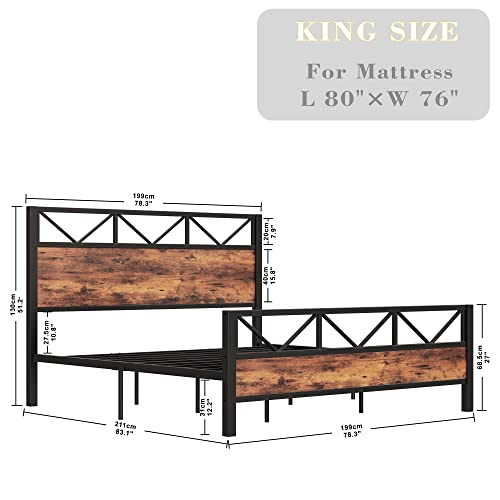 LIKIMIO King Bed Frame, Tall Industrial Headboard 51.2", Platform Bed Frame King with Strong Metal Support, Solid and Stable, Noise Free, No Box Spring Needed, Easy Assembly