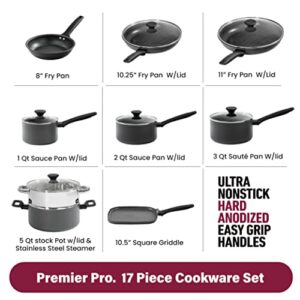 Granitestone Pro Pots and Pans Set Nonstick Cookware Set, 17 Pc Hard Anodized Kitchen Cookware Set, Non Stick Pots and Pans Set with Lids and Diamond/Mineral Coating, Dishwasher Safe, Non Toxic