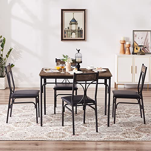 VECELO 5 Piece Kitchen Table Room,Dinette,Breakfast Nook,Industrial Style, Dining Set for 4, Retro Brown