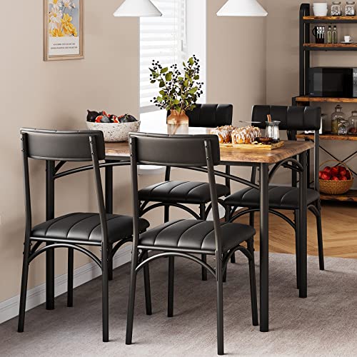 Amyove Kitchen Dining Room Table Set for 4 with Upholstered Chairs, Rustic Brown