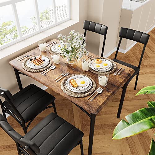 Amyove Kitchen Dining Room Table Set for 4 with Upholstered Chairs, Rustic Brown