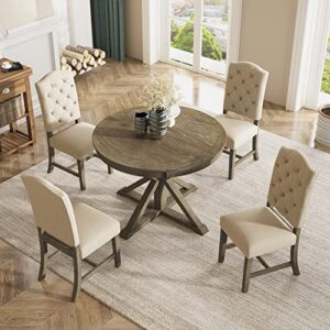 Merax 5 Piece Kitchen Dining Table Set, Wood Round Dining Table Set with Extendable Table and 4 Upholstered Chairs for Dining Room and Living Room, Functional Furniture Retro Style (Natural)