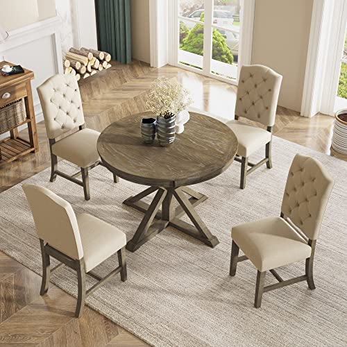 Merax 5 Piece Kitchen Dining Table Set, Wood Round Dining Table Set with Extendable Table and 4 Upholstered Chairs for Dining Room and Living Room, Functional Furniture Retro Style (Natural)