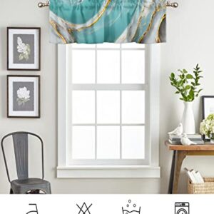 Marble Auqa Curtain Valance for Windows/Kitchen/Living Room/Bedroom, Modern Abstract Gold White Art Rod Pocket Window Valance Curtain Panel Drape Treatment, Short Topper Small Tier Cafe Curtains 54x18