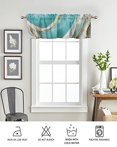 Marble Auqa Curtain Valance for Windows/Kitchen/Living Room/Bedroom, Modern Abstract Gold White Art Rod Pocket Window Valance Curtain Panel Drape Treatment, Short Topper Small Tier Cafe Curtains 54x18