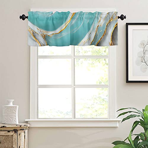 Marble Auqa Curtain Valance for Windows/Kitchen/Living Room/Bedroom, Modern Abstract Gold White Art Rod Pocket Window Valance Curtain Panel Drape Treatment, Short Topper Small Tier Cafe Curtains 54x18