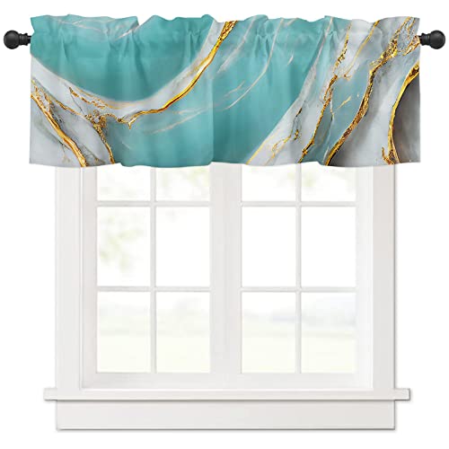 Marble Auqa Curtain Valance for Windows/Kitchen/Living Room/Bedroom, Modern Abstract Gold White Art Rod Pocket Window Valance Curtain Panel Drape Treatment, Short Topper Small Tier Cafe Curtains 54x18