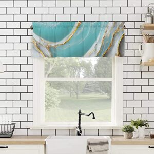 Marble Auqa Curtain Valance for Windows/Kitchen/Living Room/Bedroom, Modern Abstract Gold White Art Rod Pocket Window Valance Curtain Panel Drape Treatment, Short Topper Small Tier Cafe Curtains 54x18