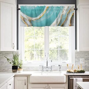 Marble Auqa Curtain Valance for Windows/Kitchen/Living Room/Bedroom, Modern Abstract Gold White Art Rod Pocket Window Valance Curtain Panel Drape Treatment, Short Topper Small Tier Cafe Curtains 54x18