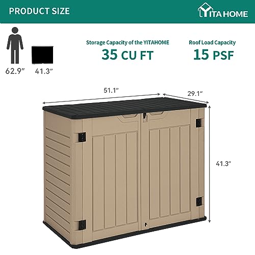 YITAHOME Outdoor Horizontal Storage Sheds w/o Shelf, Weather Resistant Resin Tool Shed, Multi-Opening Door for Easy Storage of Bike, Trash Cans, Garden Tools, 35 cu ft, Waterproof, Lockable (Brown)