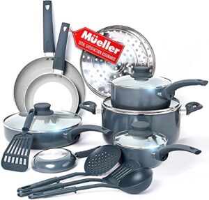 mueller pots and pans set nonstick 16-piece healthy stone kitchen cookware sets - pfos, pfoa free, stainless steel steamer, butter warmer, deep fry pan, sauce pan, pot, vented glass lids, light grey