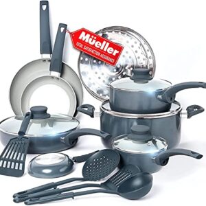 Mueller Pots and Pans Set Nonstick 16-Piece Healthy Stone Kitchen Cookware Sets - PFOS, PFOA Free, Stainless Steel Steamer, Butter Warmer, Deep Fry Pan, Sauce Pan, Pot, Vented Glass Lids, Light Grey