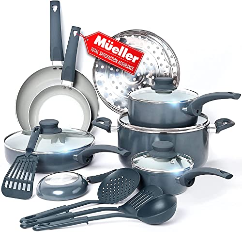 Mueller Pots and Pans Set Nonstick 16-Piece Healthy Stone Kitchen Cookware Sets - PFOS, PFOA Free, Stainless Steel Steamer, Butter Warmer, Deep Fry Pan, Sauce Pan, Pot, Vented Glass Lids, Light Grey