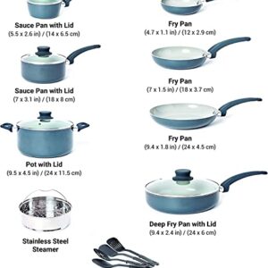 Mueller Pots and Pans Set Nonstick 16-Piece Healthy Stone Kitchen Cookware Sets - PFOS, PFOA Free, Stainless Steel Steamer, Butter Warmer, Deep Fry Pan, Sauce Pan, Pot, Vented Glass Lids, Light Grey