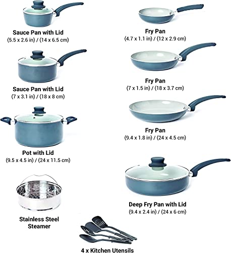 Mueller Pots and Pans Set Nonstick 16-Piece Healthy Stone Kitchen Cookware Sets - PFOS, PFOA Free, Stainless Steel Steamer, Butter Warmer, Deep Fry Pan, Sauce Pan, Pot, Vented Glass Lids, Light Grey