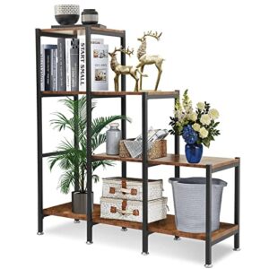 4-tier stair step bookcase, stair bookshelf 8 shelves, open bookshelf rustic bookcase, stepped etagere bookcase, corner book display shelves room divider bookcase