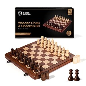 chess armory premium checkers and chess set - wooden board game with a portable wood case and secure storage for pieces, set for kids and adults (sapele wood)