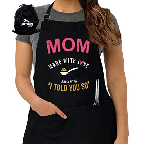 BARTME DESIGN Funny Cooking Apron for Mother's Day wrapped in Reusable Drawstring Bag - Women Kitchen Chef Baking - 100% Cotton 240 g - Mom Made with Love & a Bit of I Told You So