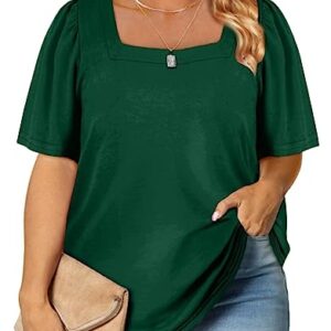 Eytino Womens Plus Size Tshirts Summer Square Neck Puff Sleeve Loose Casual Blouse Tops,2X Green