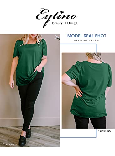 Eytino Womens Plus Size Tshirts Summer Square Neck Puff Sleeve Loose Casual Blouse Tops,2X Green